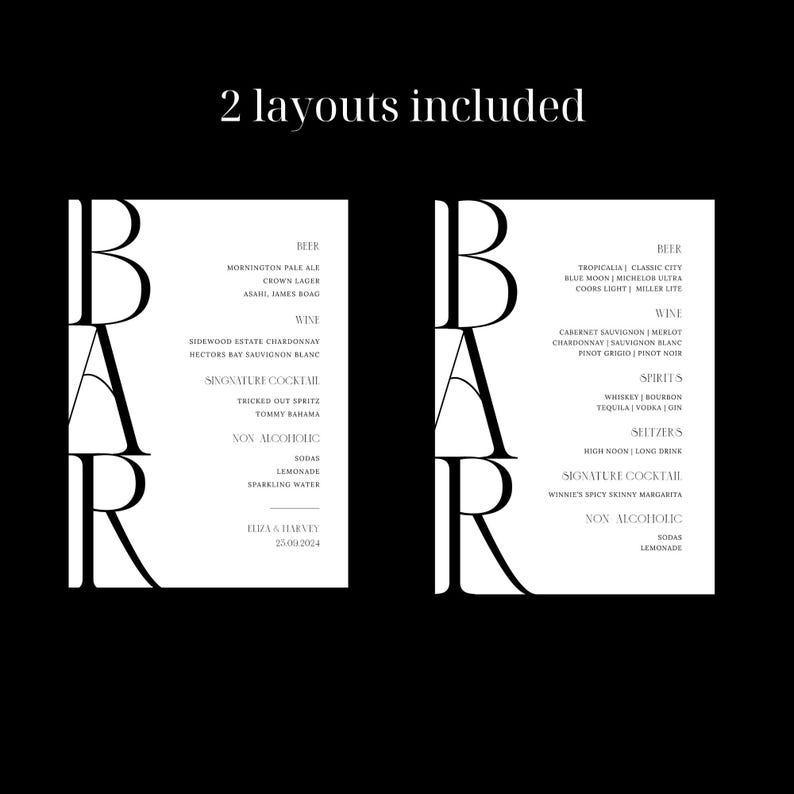 Minimalist Wedding Bar Menu Sign Template: Modern Drinks Table Sign ...