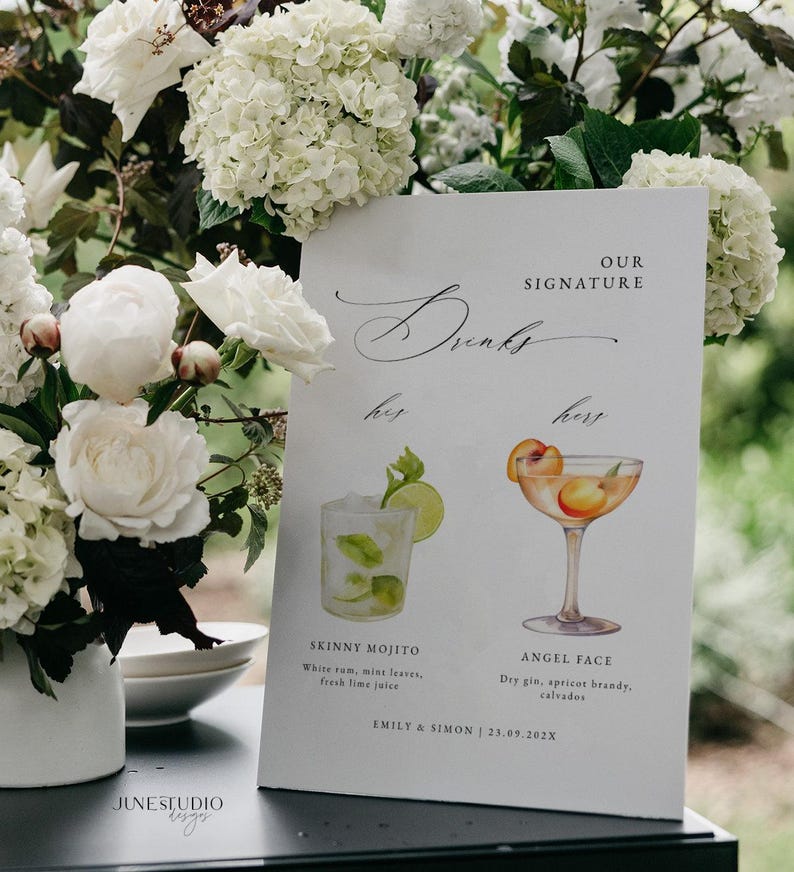 Elegant Signature Cocktails Wedding Bar Sign: Watercolor His & Her ...