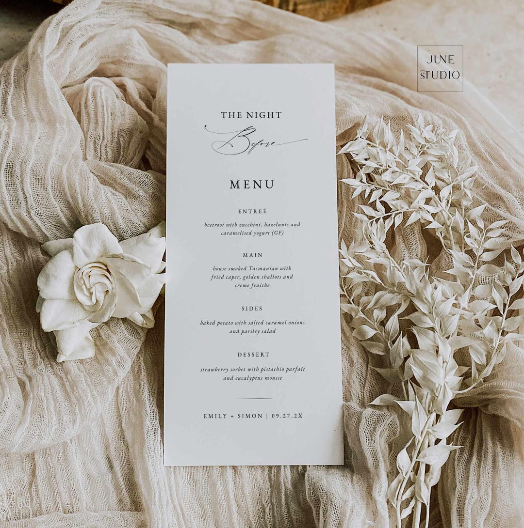 Elegant Rehearsal Dinner Menu Card: Dainty Script Classic Long Menu ...