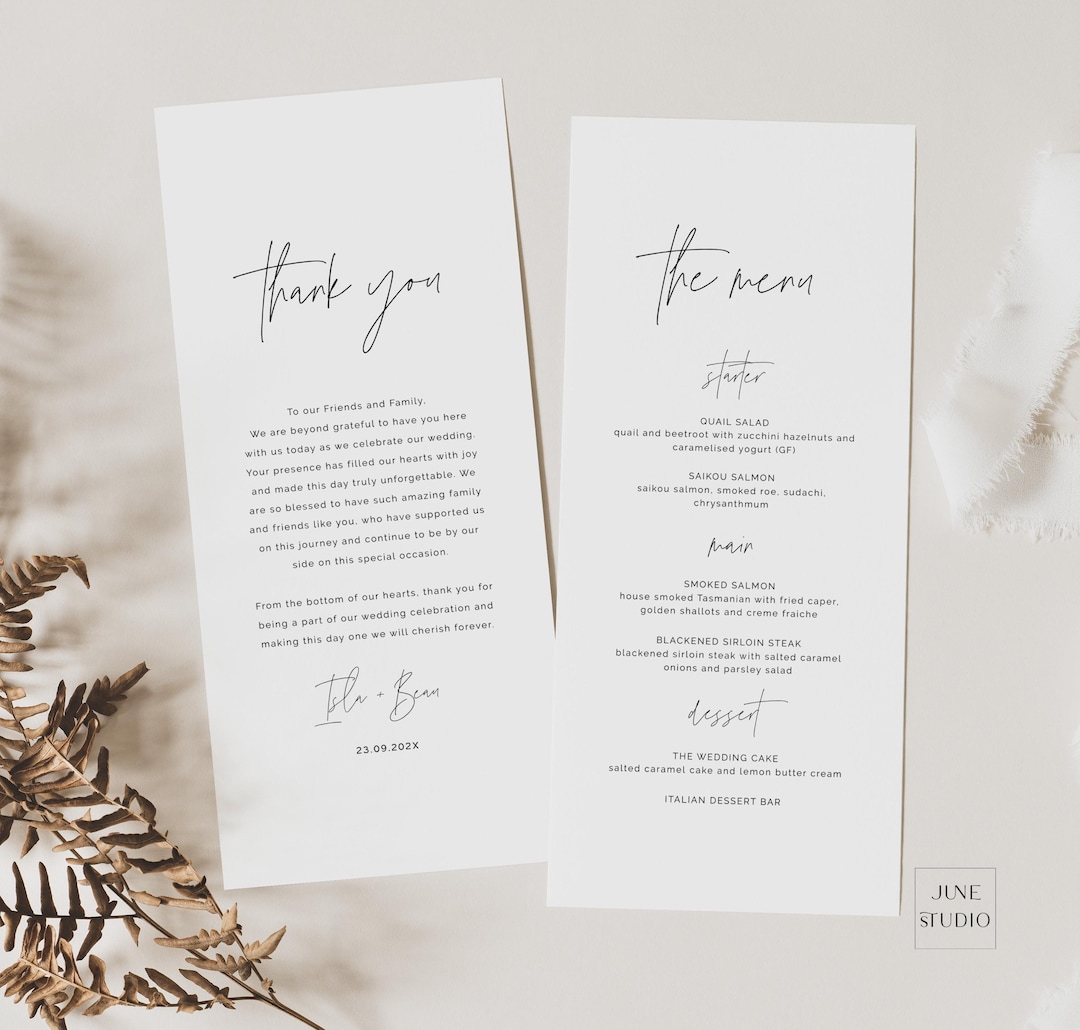 Wedding Menu With Personalized Thank You Note Card: Elegant Script Chic ...