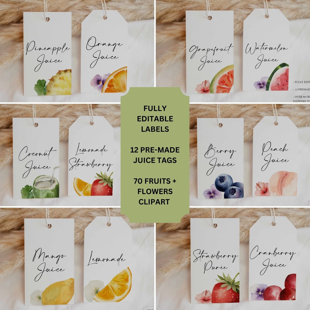 Modern Juice Tag Mimosa Bar Template Watercolor Fruit Drink Tag ...