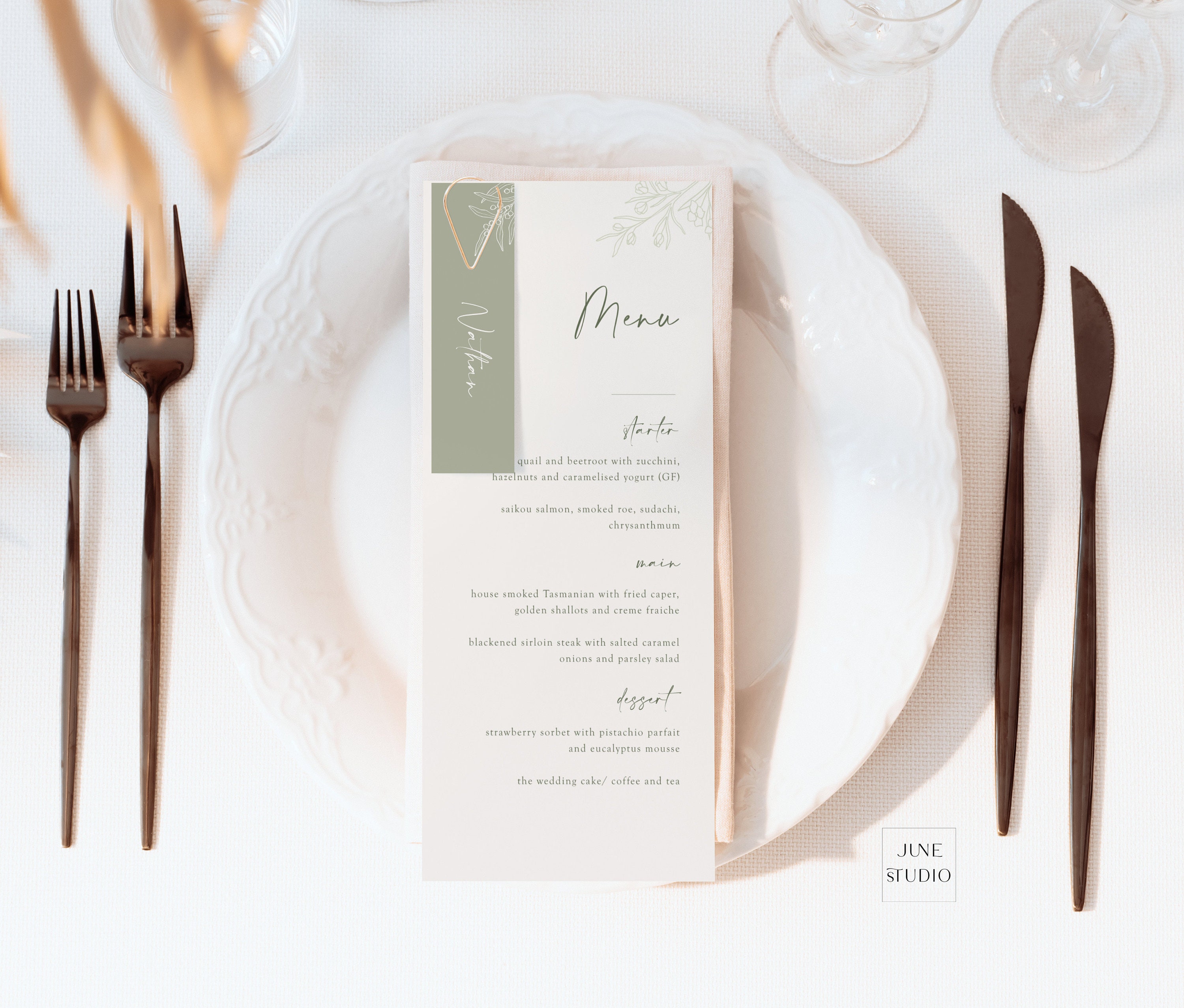 Wedding Menu Sage Green Place Card Set Template Greenery Menu With ...
