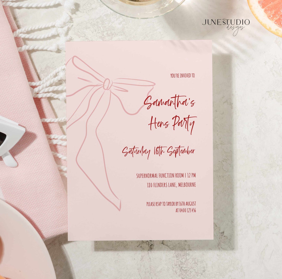 Bow Hens Party Invitation: Hand-drawn Coquette Pink Red Bachelorette ...