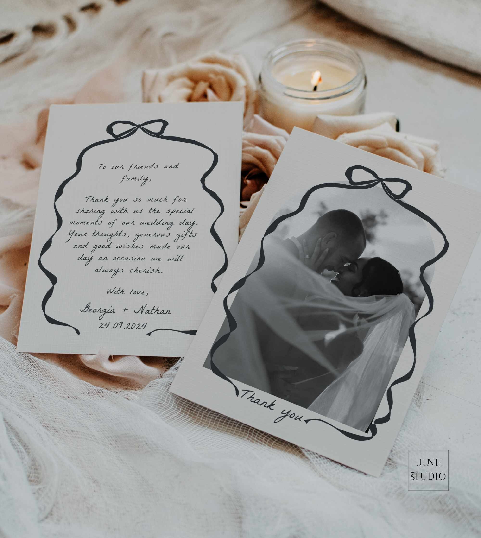 Wedding Photo Thank You Card Template: Hand-drawn Bow (printable ...