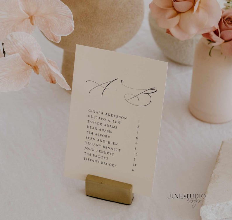 Elegant Script Wedding Seating Chart Card Template: Alphabetical Mirror ...