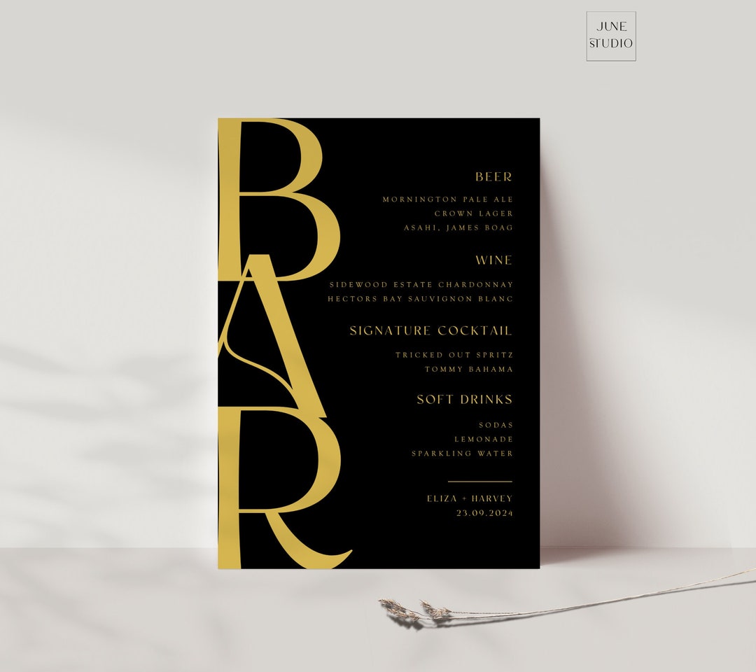 Black and Gold Wedding Bar Sign Template Editable Open Bar Sign Wedding ...