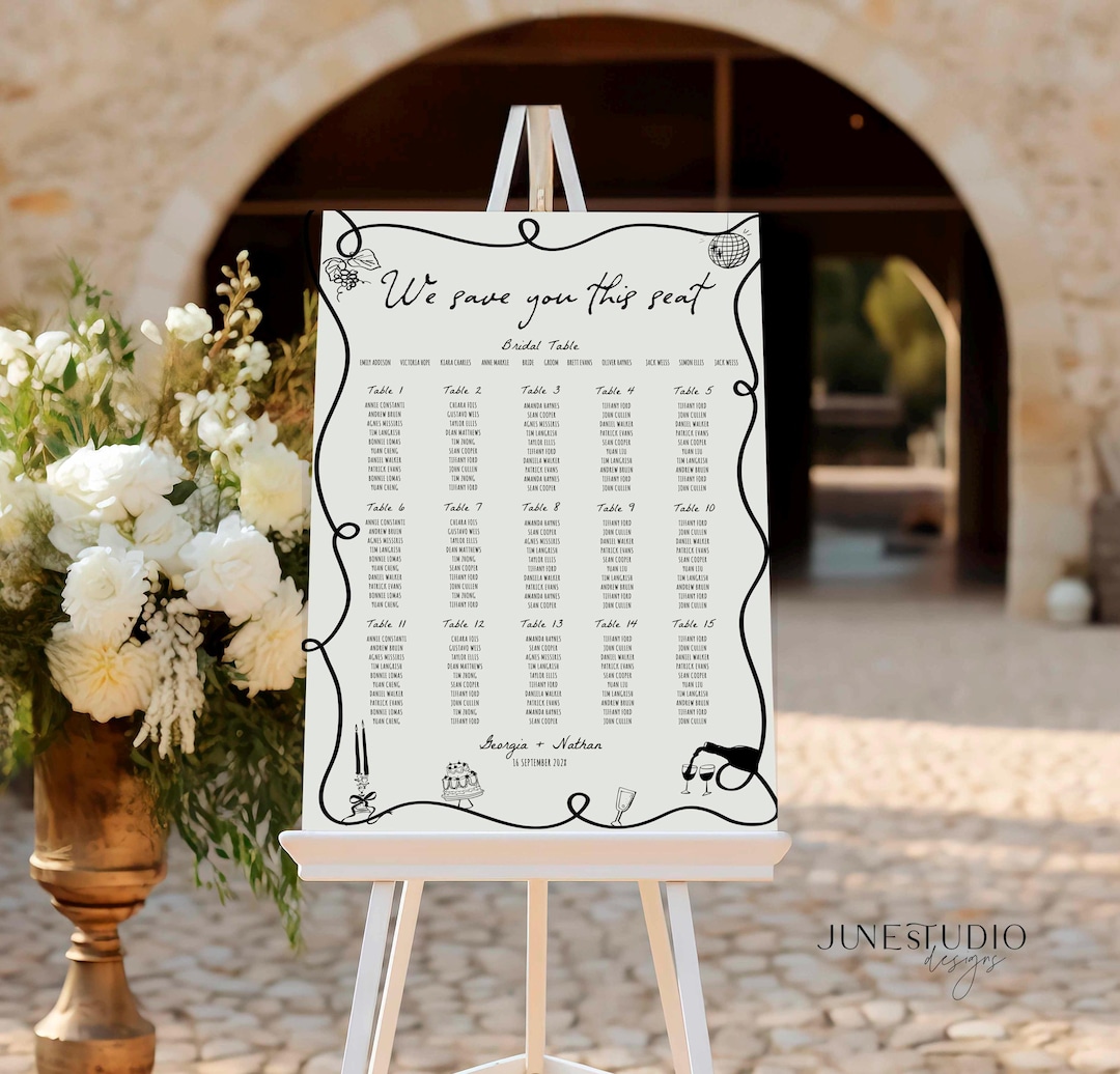 Hand-drawn Wedding Seating Chart Digital Template Funky Handwritten ...