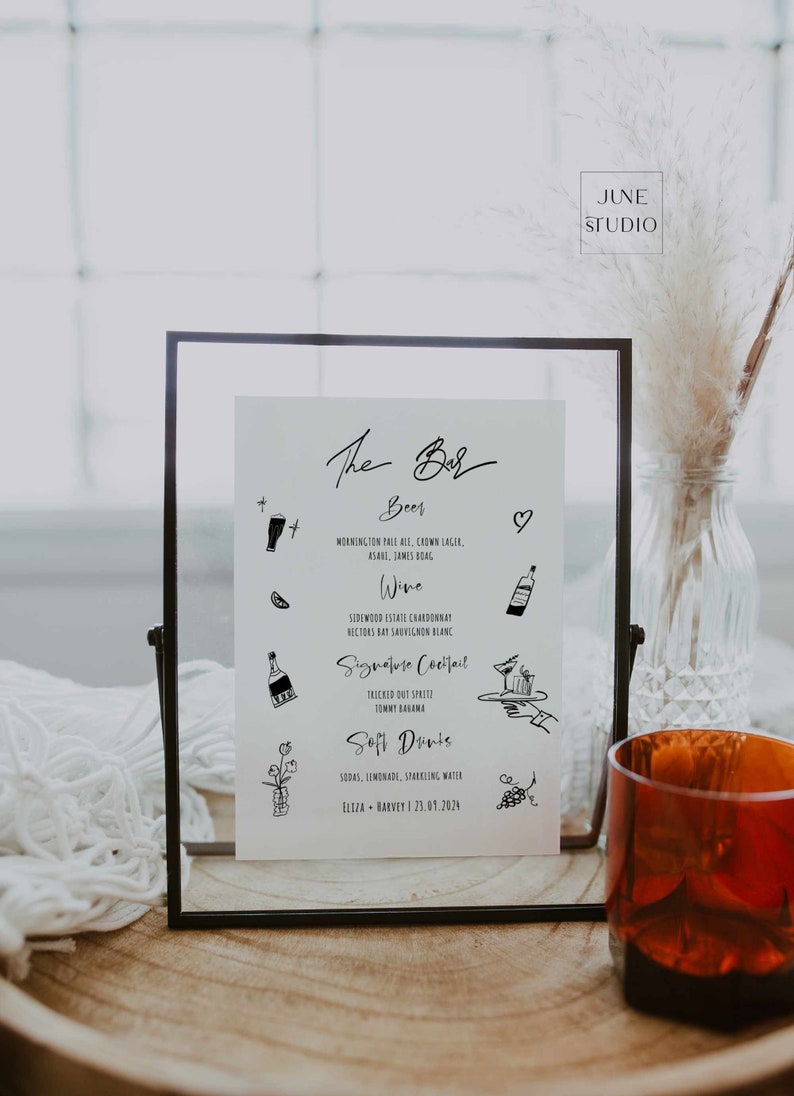 Wedding Bar Menu Template Hand-drawn Wedding Drink Menu Engagement Open ...