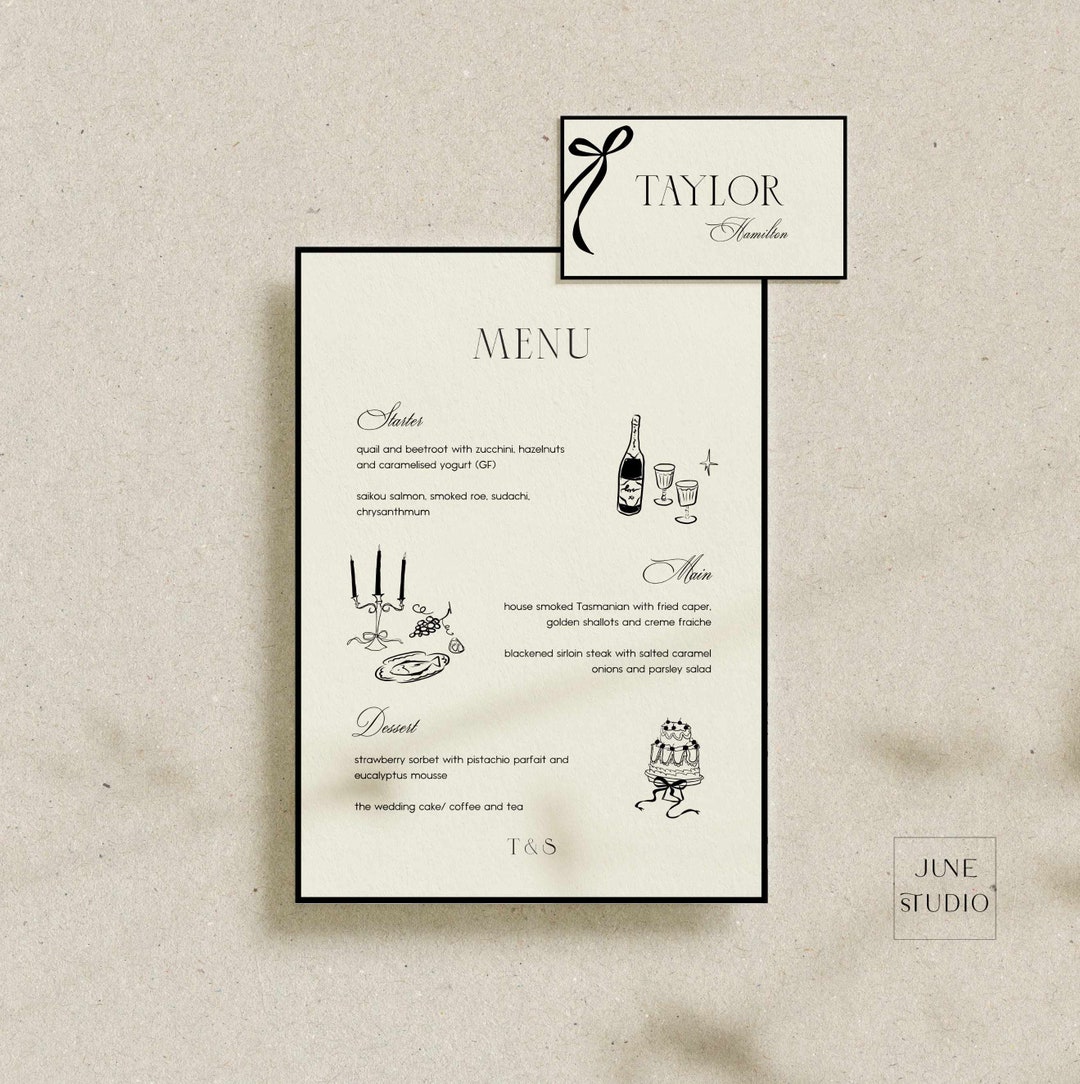 Wedding Menu Place Card Template Artsy Vintage Glam Old Money Retro ...