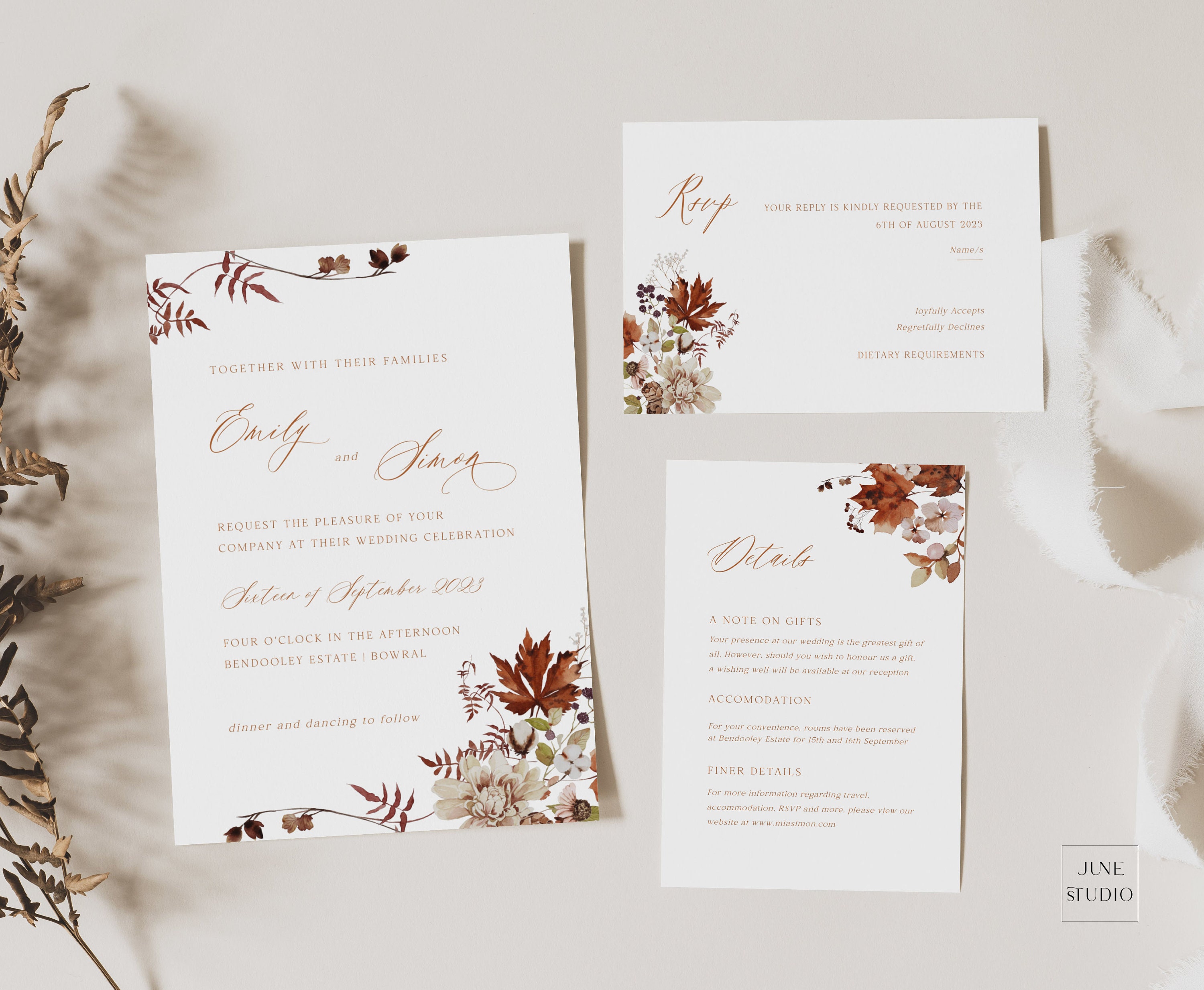 Rustic Boho Wedding Invitation Set Template Simple Floral Invitation ...