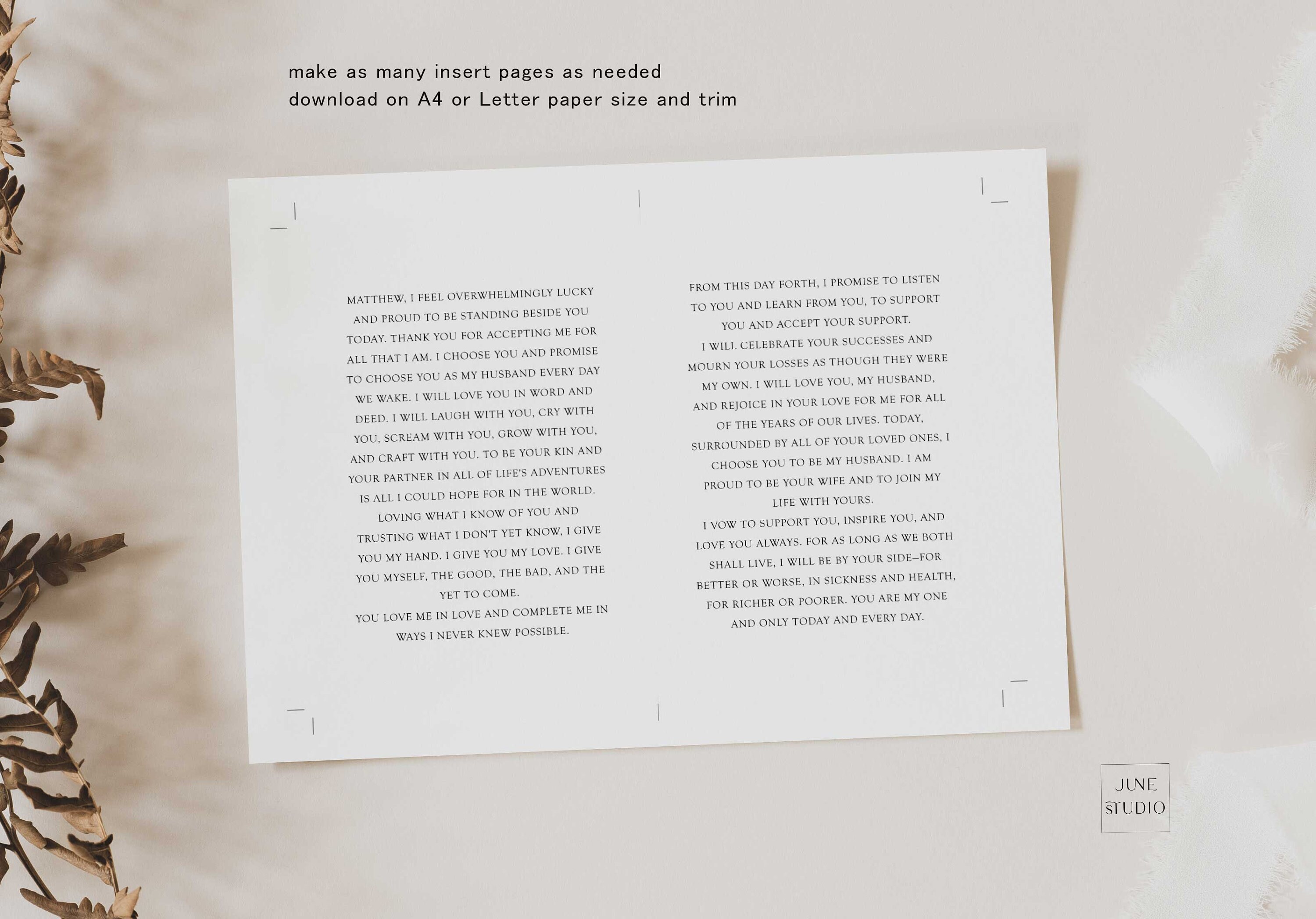 Modern Wedding Vows Booklet Template Calligraphy Vows Book Printable ...