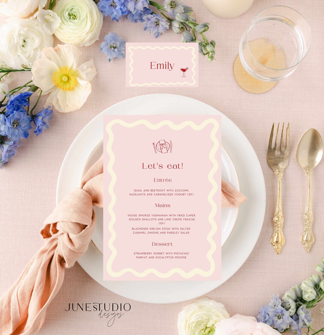 Wavy Scallop Border Menu and Place Card Set Templates: Whimsical Hand ...