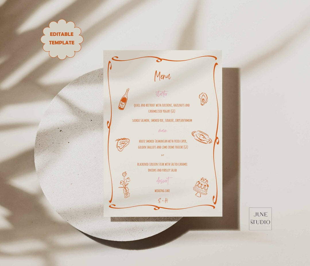 Hand Drawn Wedding Menu Template Hand-painted Engagement Menu Wedding ...