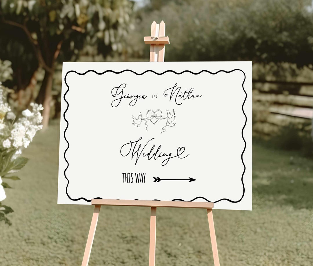 Hand-drawn Wedding Direction Sign With Arrow: Wavy Whimsical This Way ...
