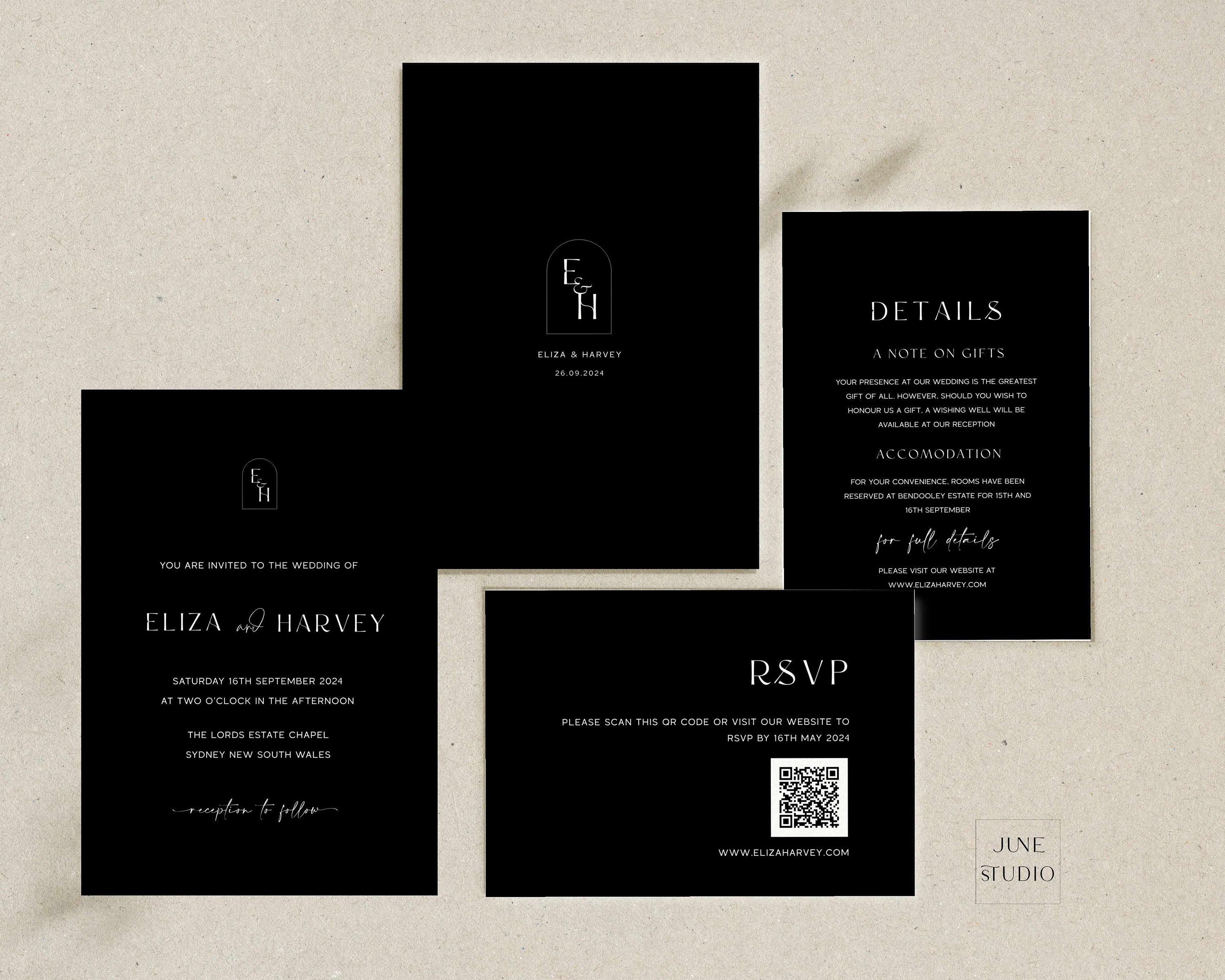 Minimalist Monogram Black Wedding Invitation Set Template Editable ...
