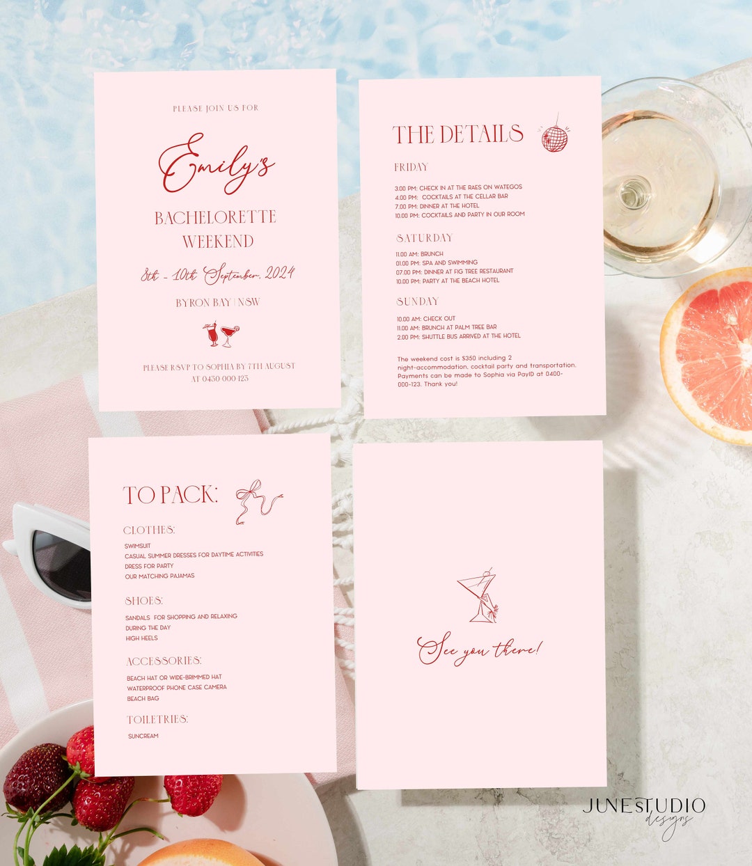 Hand Drawn Bachelorette Itinerary Template Editable Pink Red Hens Party ...