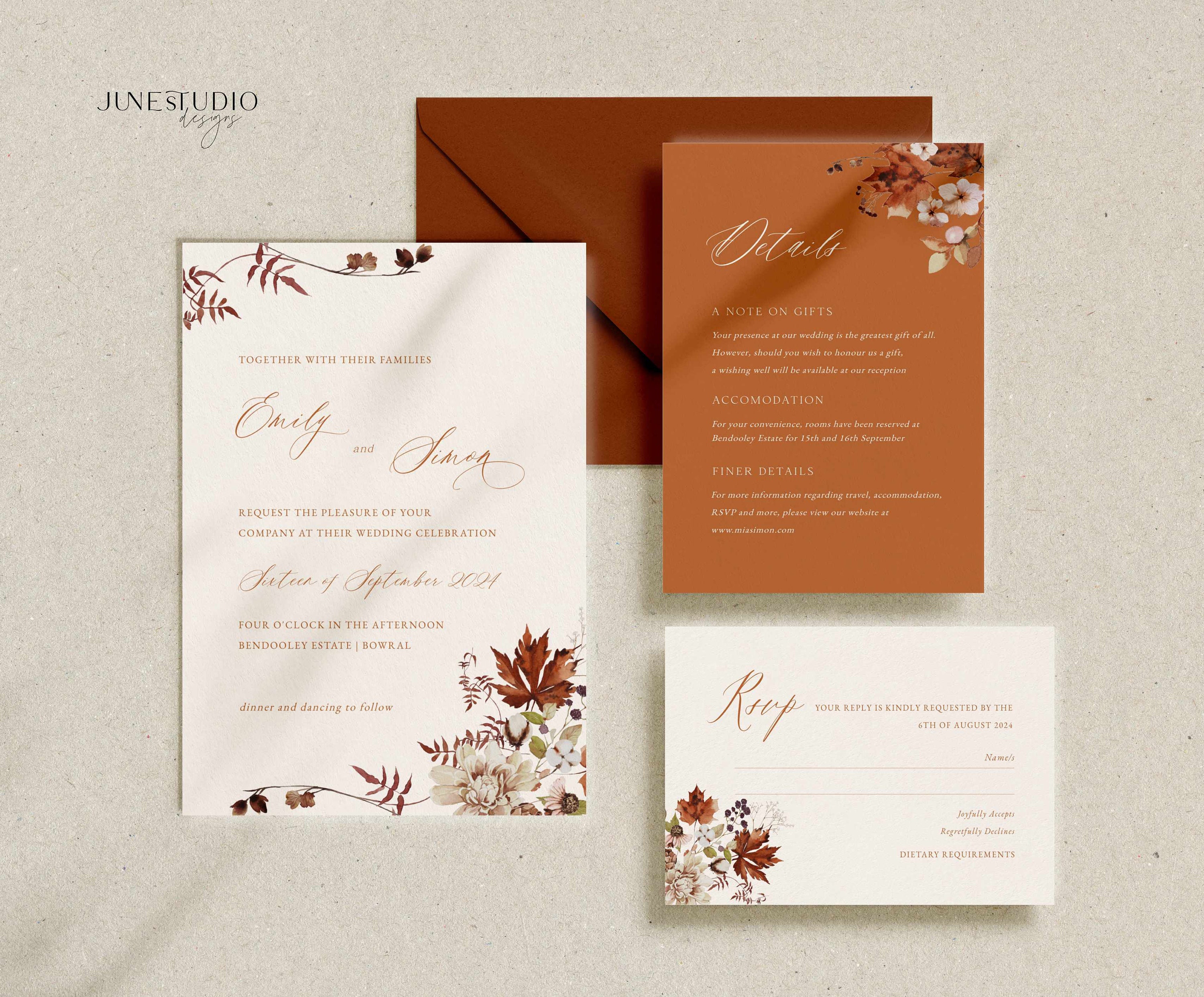 Terracotta Floral Wedding Invitation Suite: Burnt Orange, Modern ...