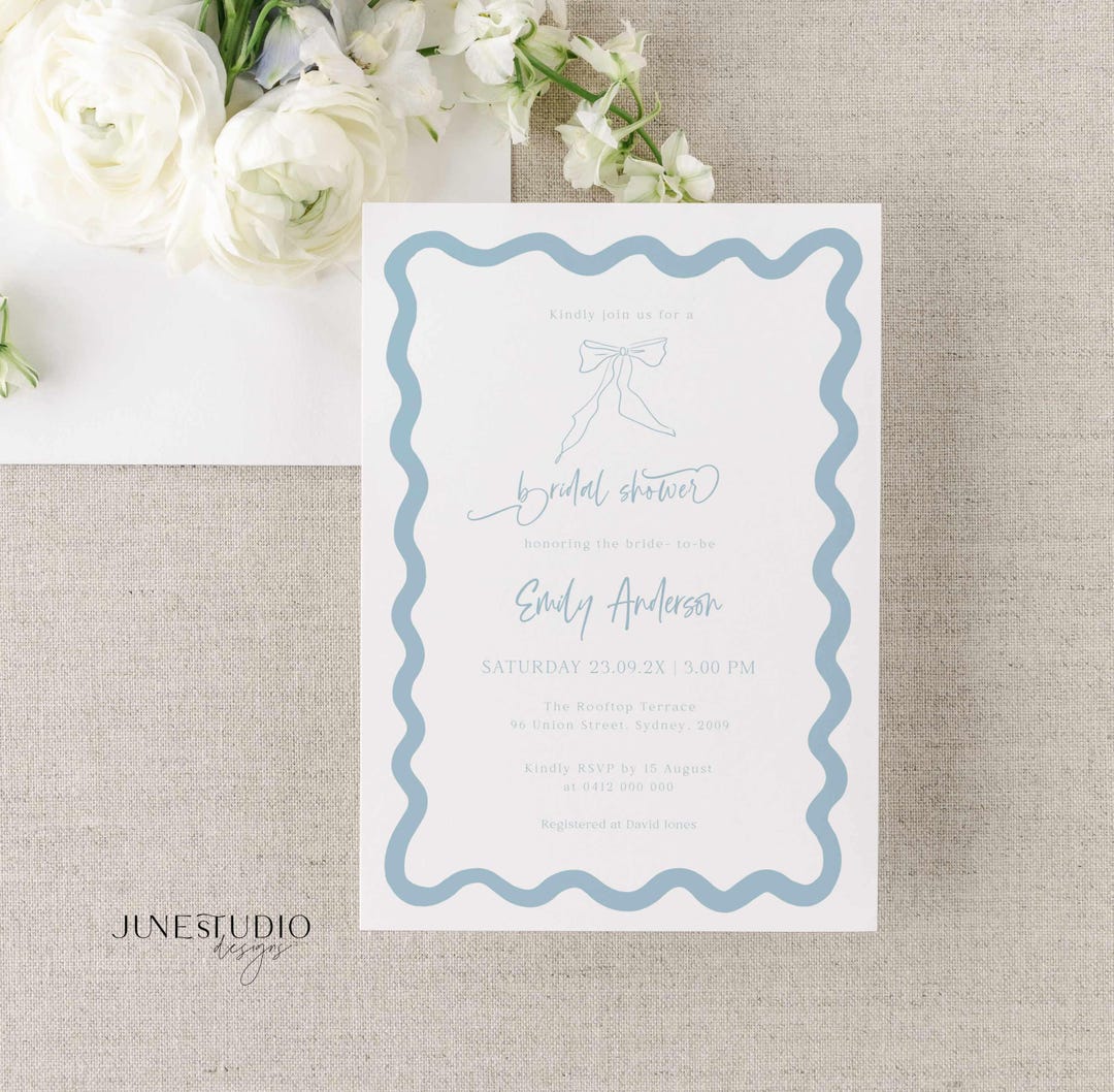 Wavy Bridal Shower Invitation Template Dusty Blue Bow She's Tying the ...