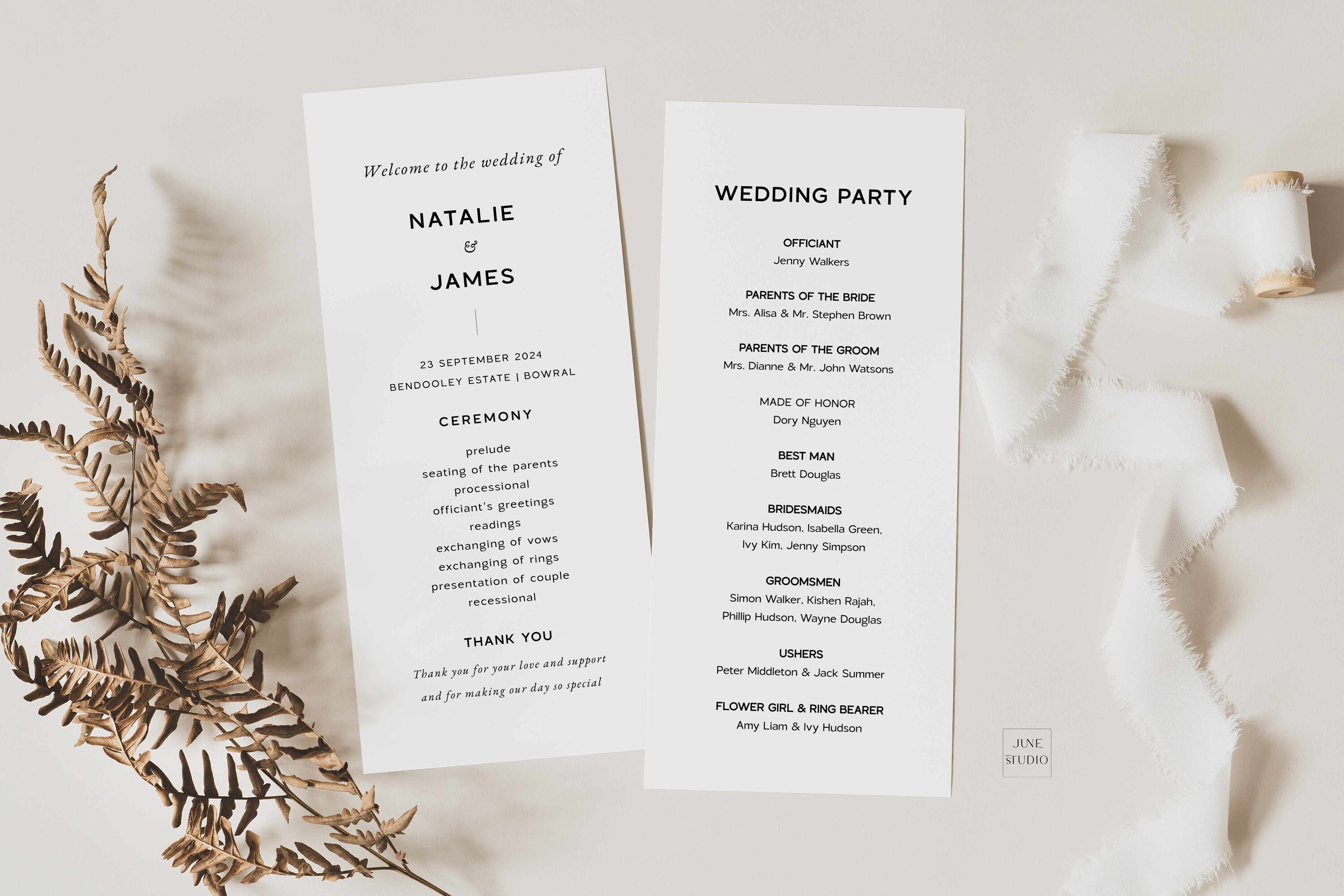 Wedding Program Template Printable Minimalist Church Wedding Program ...