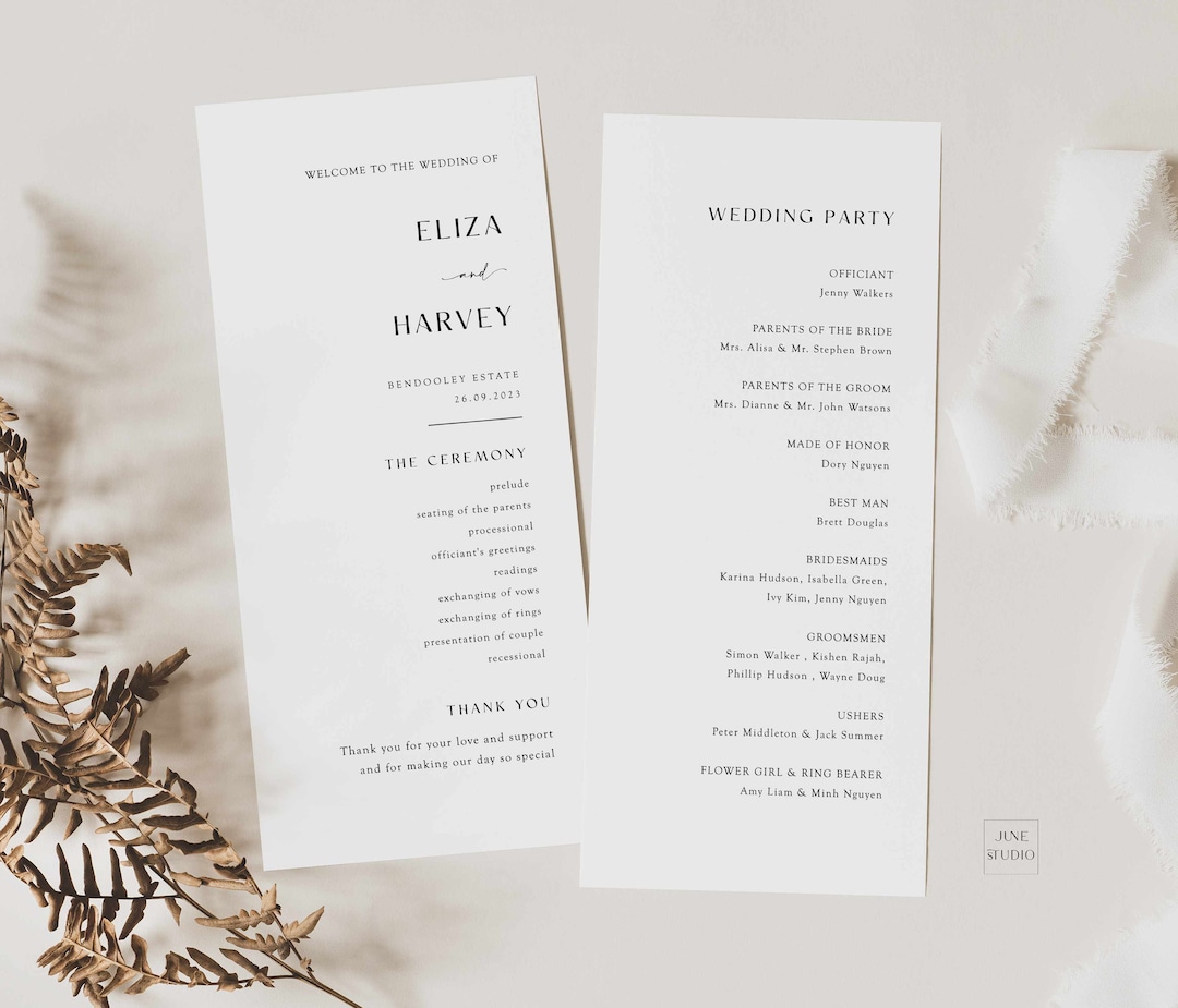 Modern Wedding Program Template Printable Minimalist Church Program ...