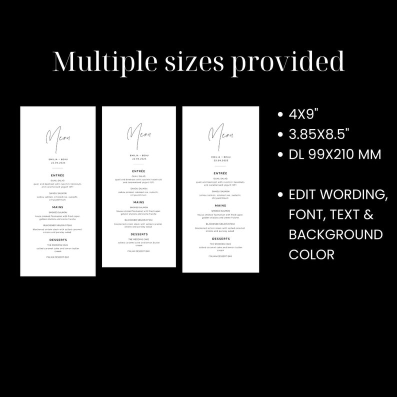 Minimal Wedding Menu Template Thin Modern Script Guest Menu Elegant ...