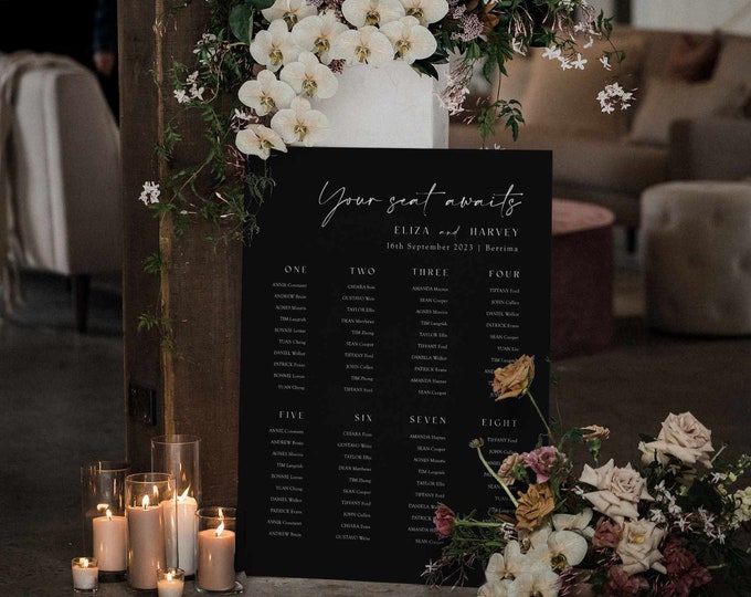 3x5 Black Wedding Seating Card Template, Black Table Seating Chart ...
