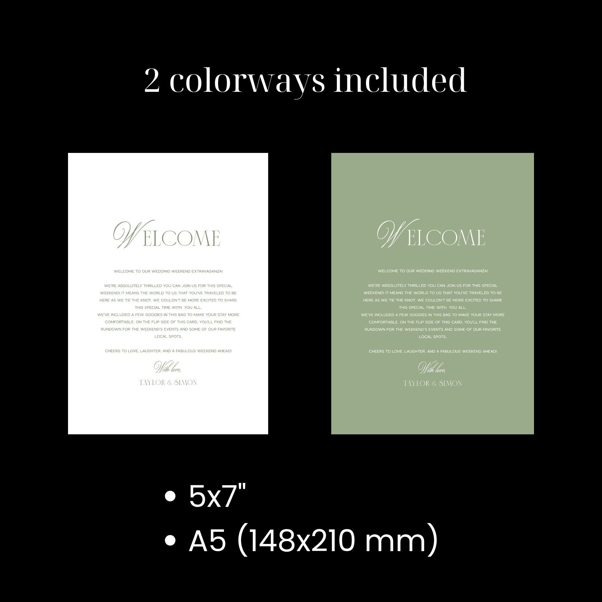 Sage Green Wedding Welcome Bag Note: Minimalist Itinerary Card (corjl ...