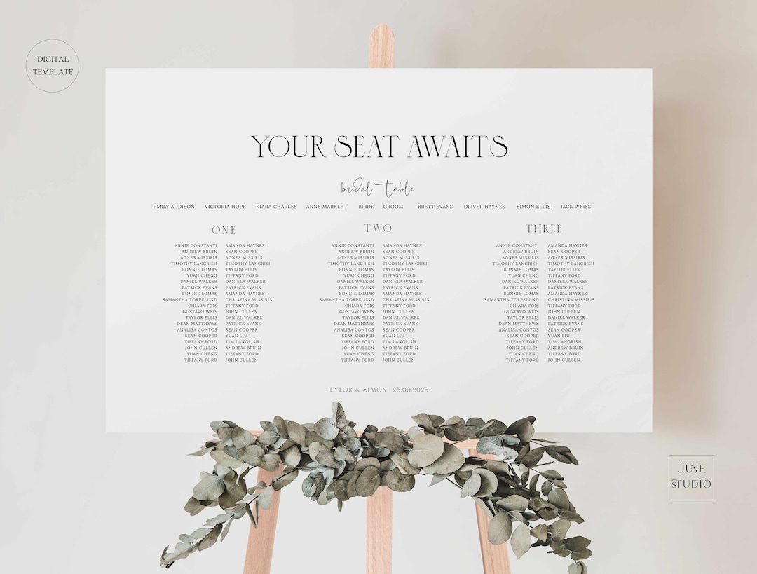 Wedding Seating Chart 3 Long Tables Sign Template Minimalist Simple ...