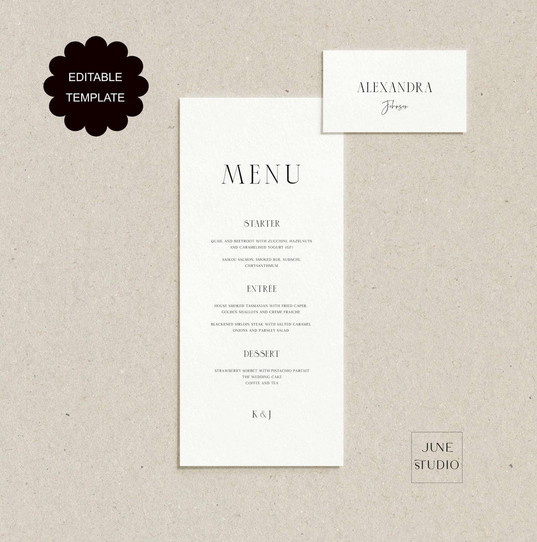Elegant Wedding Menu & Place Card Template: Modern Minimalist Guest ...