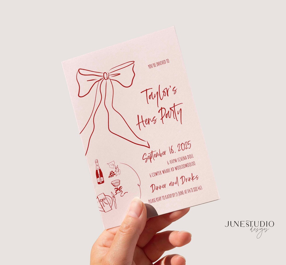 Bow Hens Party Invitation Template: Red & Pink Coquette Design (digital ...