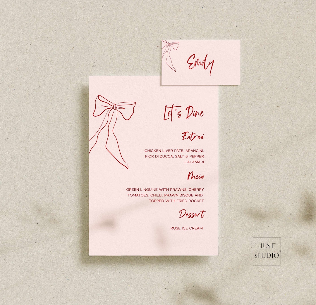 Hand Drawn Menu + Place Card Set Templates Hand Written Bow Illustrated ...
