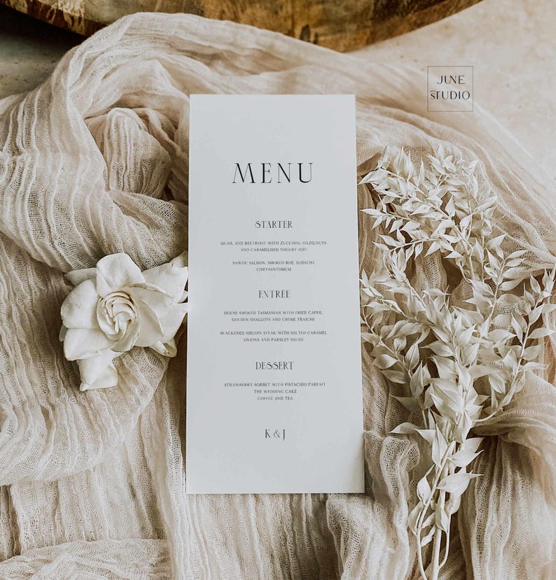 Elegant Wedding Menu & Place Card Template: Modern Minimalist Guest ...