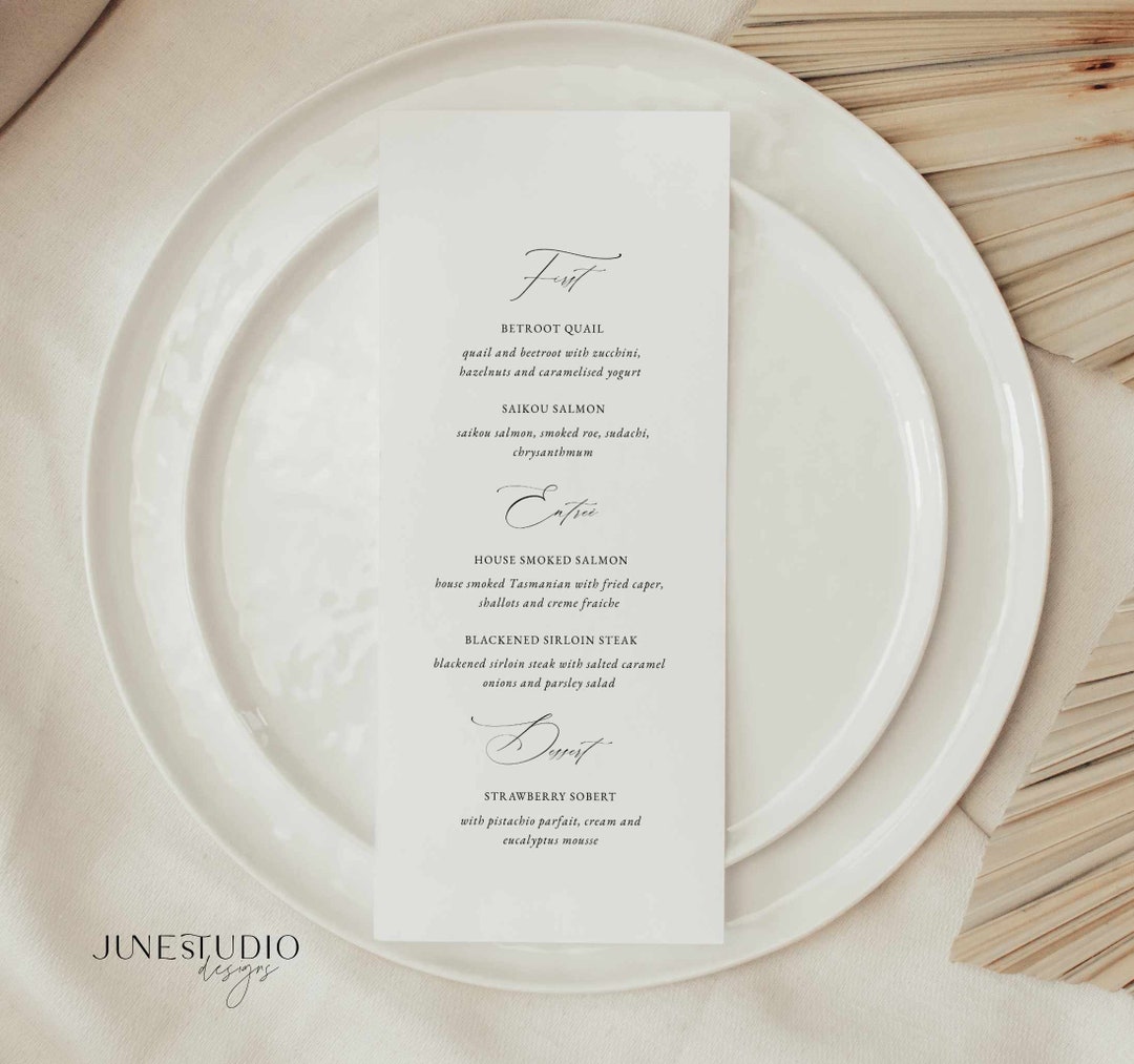 Elegant Wedding Menu Card Template Custom Modern Script Calligraphy ...