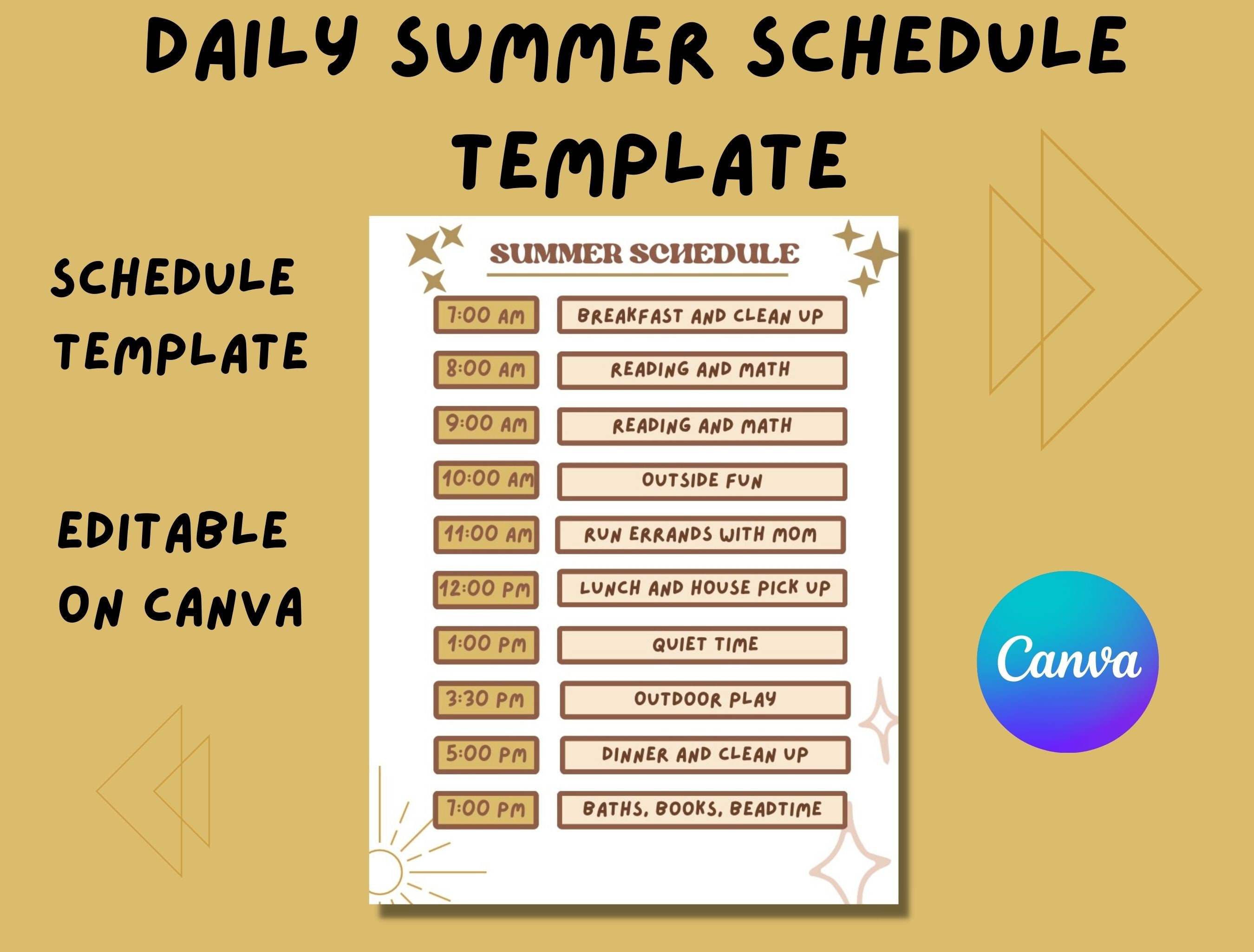 Kid's Daily Summer Schedule Template, Daily Schedule Template, Daily ...