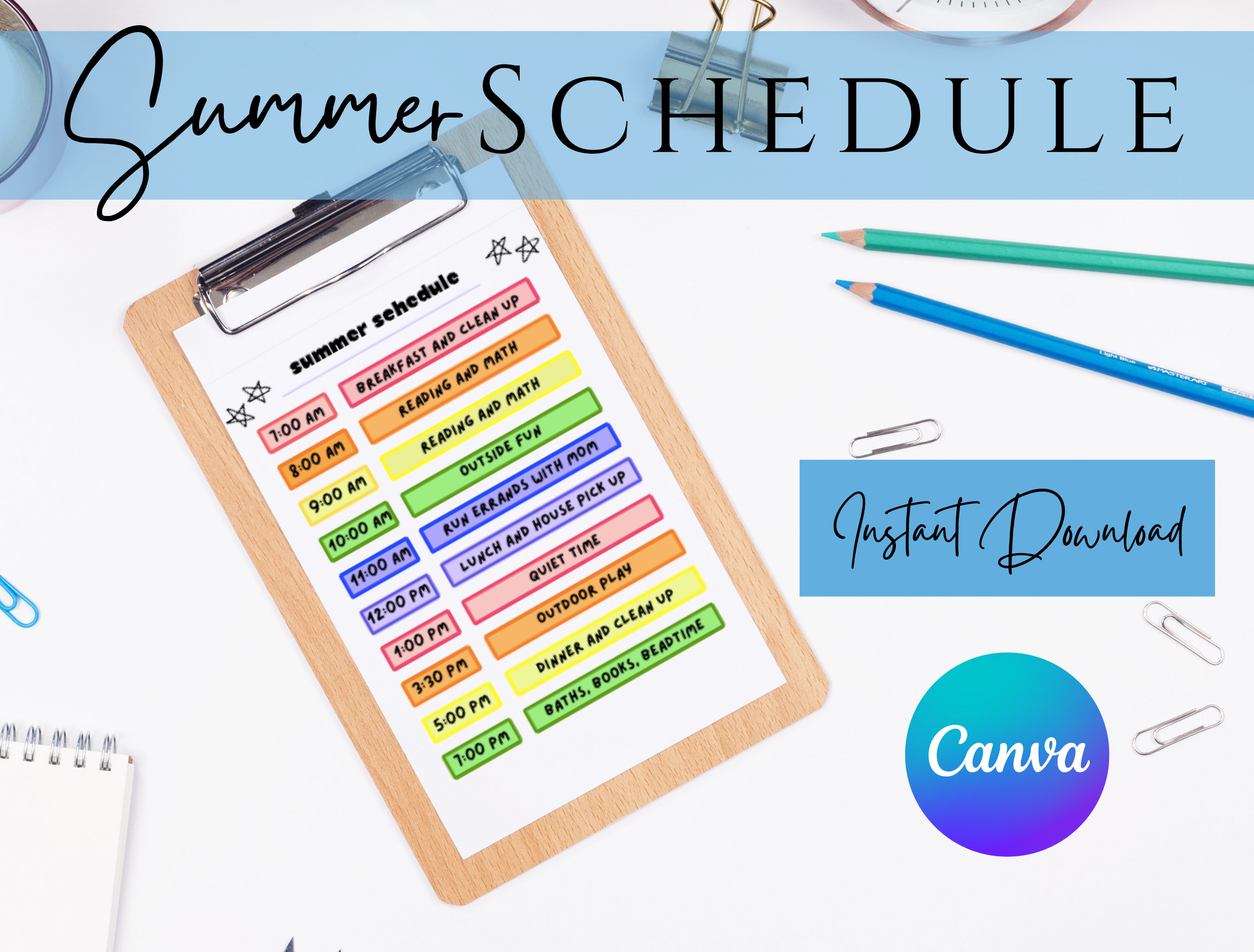 Kid's Daily Summer Schedule Template, Instant Download, Homeschool ...
