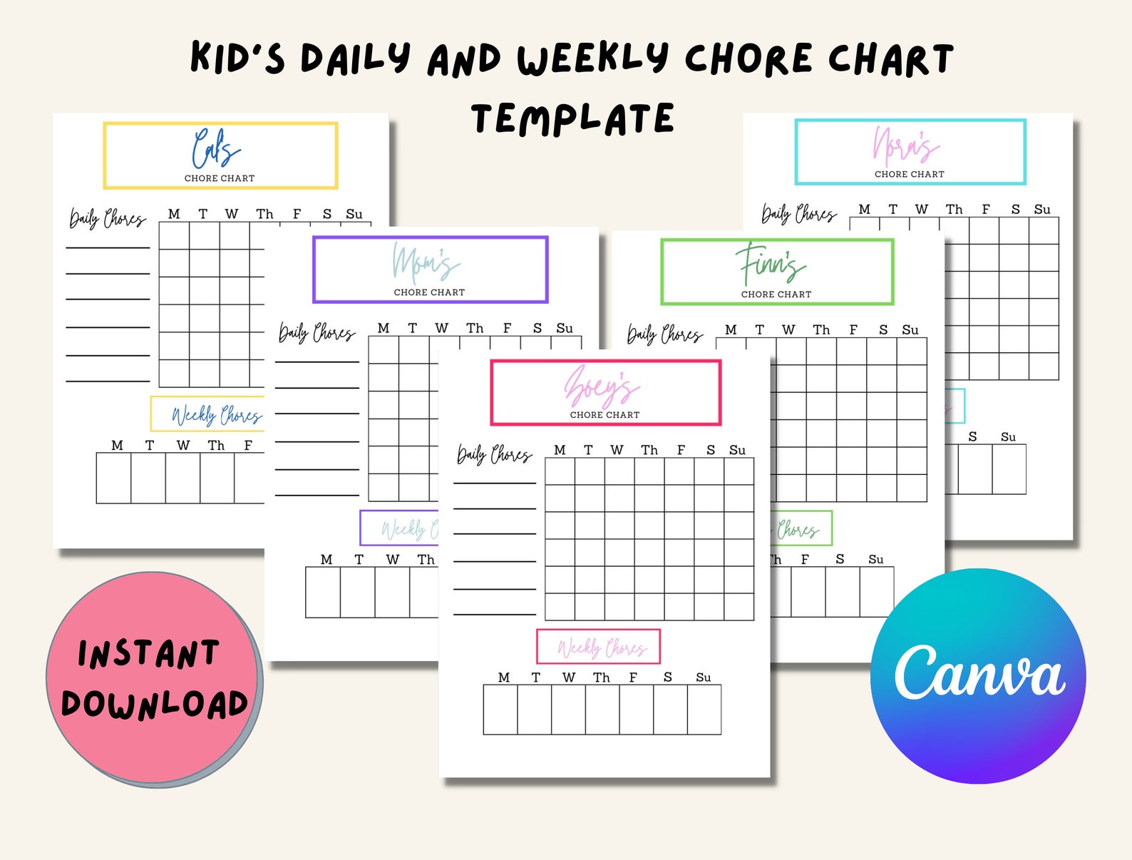 Kid's Daily Chore Chart, Editable, Printable, Chore Chart, Downloadable ...