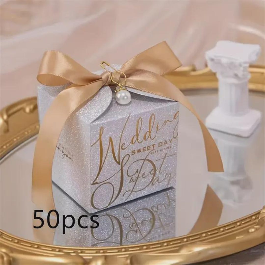 50 Silver Favor Boxes | Wedding Gift Boxes With Pearl Ribbon | Treat ...