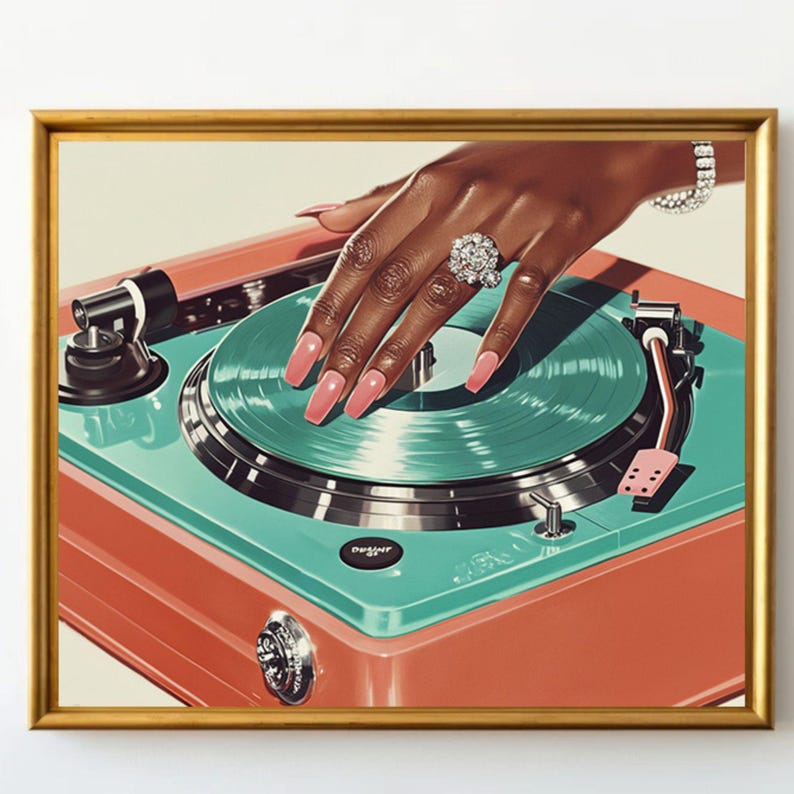 Vintage Turntable Black Woman Art Print - Retro Glam DJ (digital ...