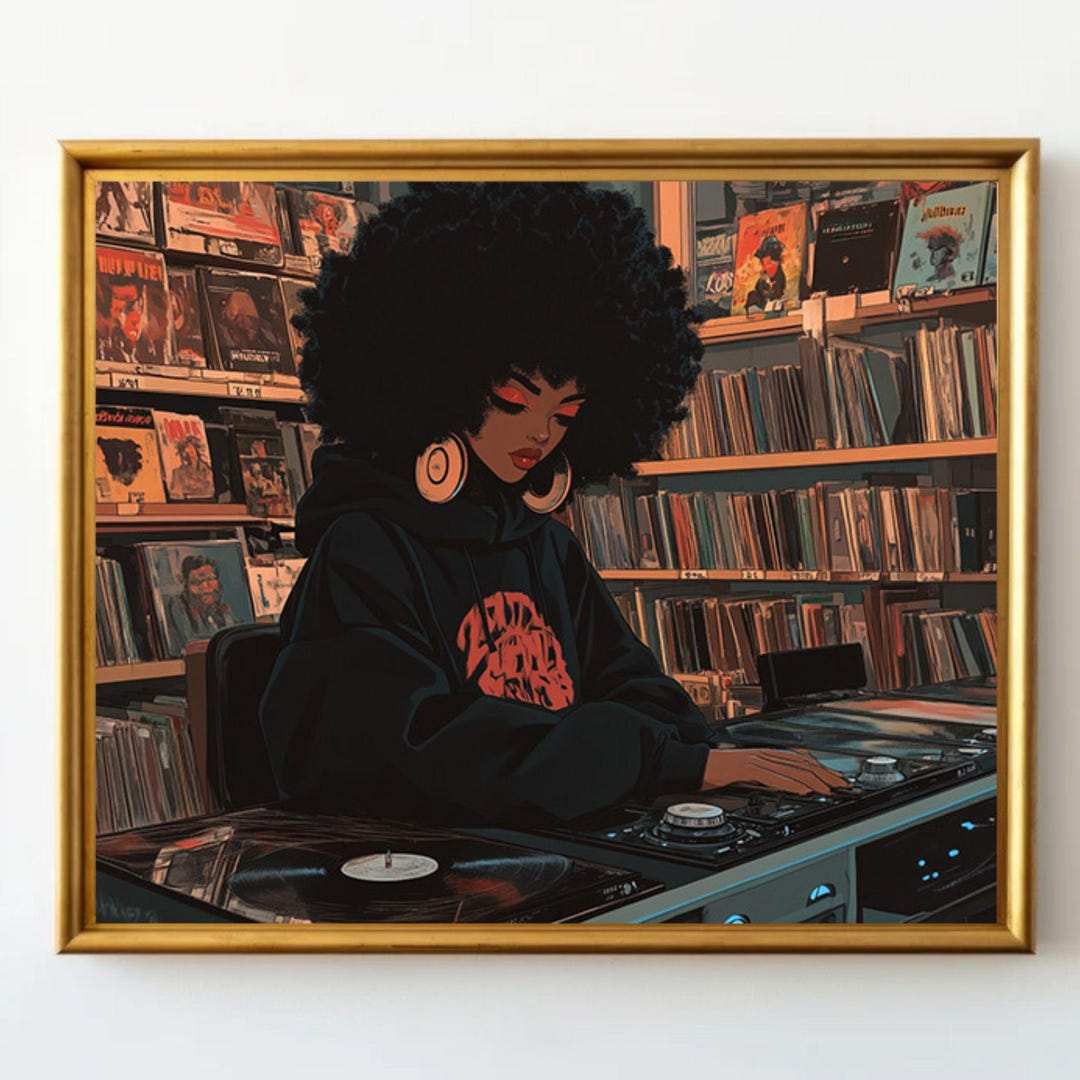 Black Girl Anime Vinyl Record Art Print | Retro Afro DJ (digital ...