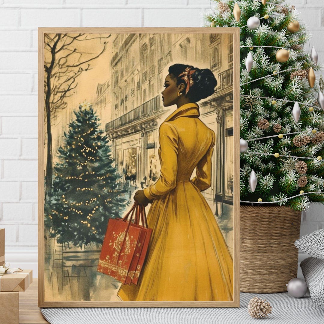Vintage Black Woman Christmas Art | Black Girl Holiday Art Print | Victorian Black Girl | Retro ...