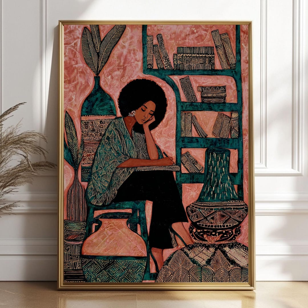 Boho Black Girl Writer Art Print | Cozy Home Library Wall Art ...