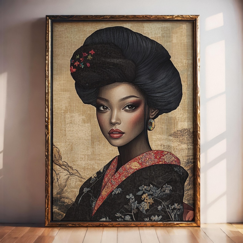 Afro Geisha Art Print | Black Woman Wearing Japanese Kimono Portrait ...