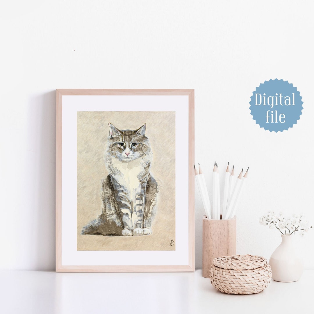 Cat Collage Poster, Interior Art, Hand-drawn Animal Artwork, Wintertime ...