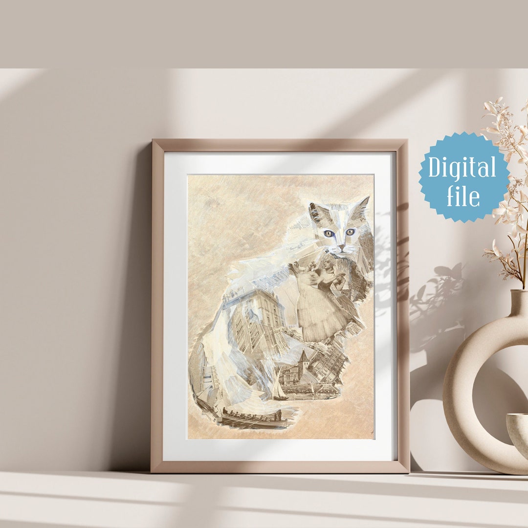 White Cat Collage Poster, Wintertime Cat Artwork, Animal Collage ...