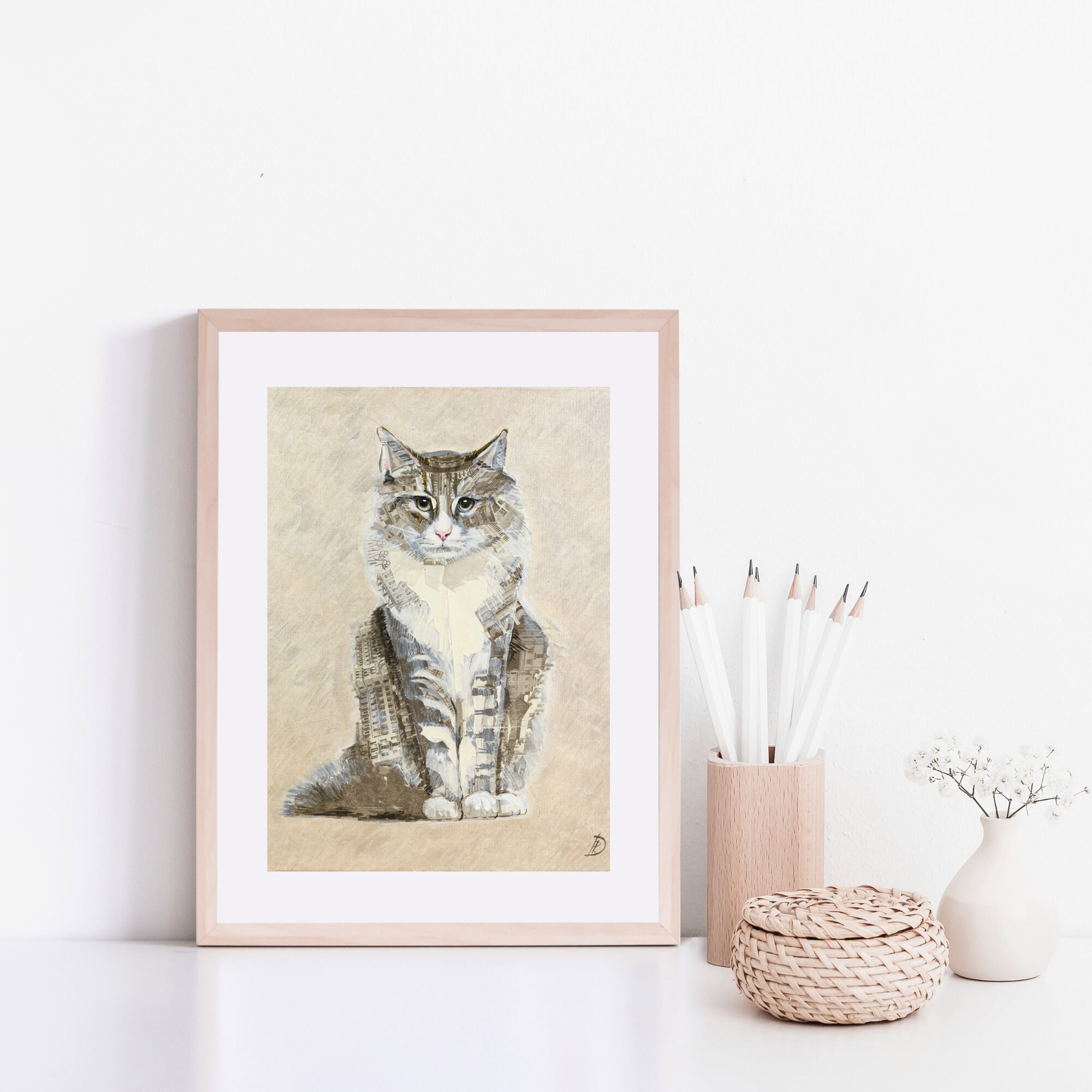 Cat Collage Poster, Interior Art, Hand-drawn Animal Artwork, Wintertime ...