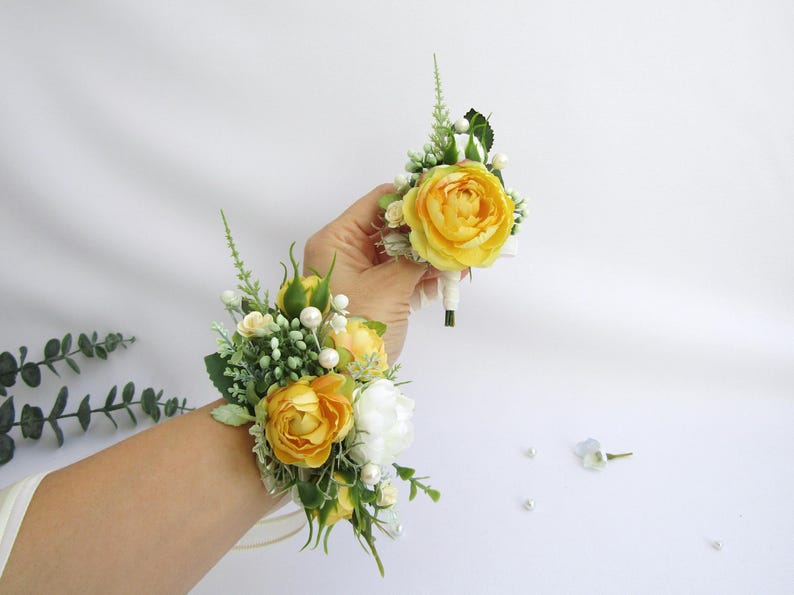 Yellow Boutonniere and Corsage Set, Prom Corsage, White Yellow Green ...