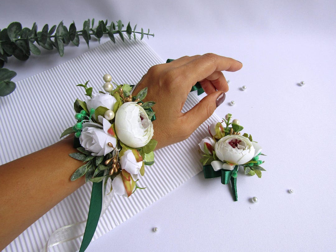 Emerald Green Gold Boutonnière and Corsage Set Green and Gold White ...