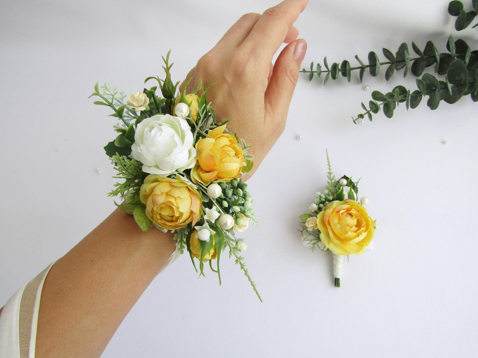 Yellow Boutonniere and Corsage Set, Prom Corsage, White Yellow Green ...