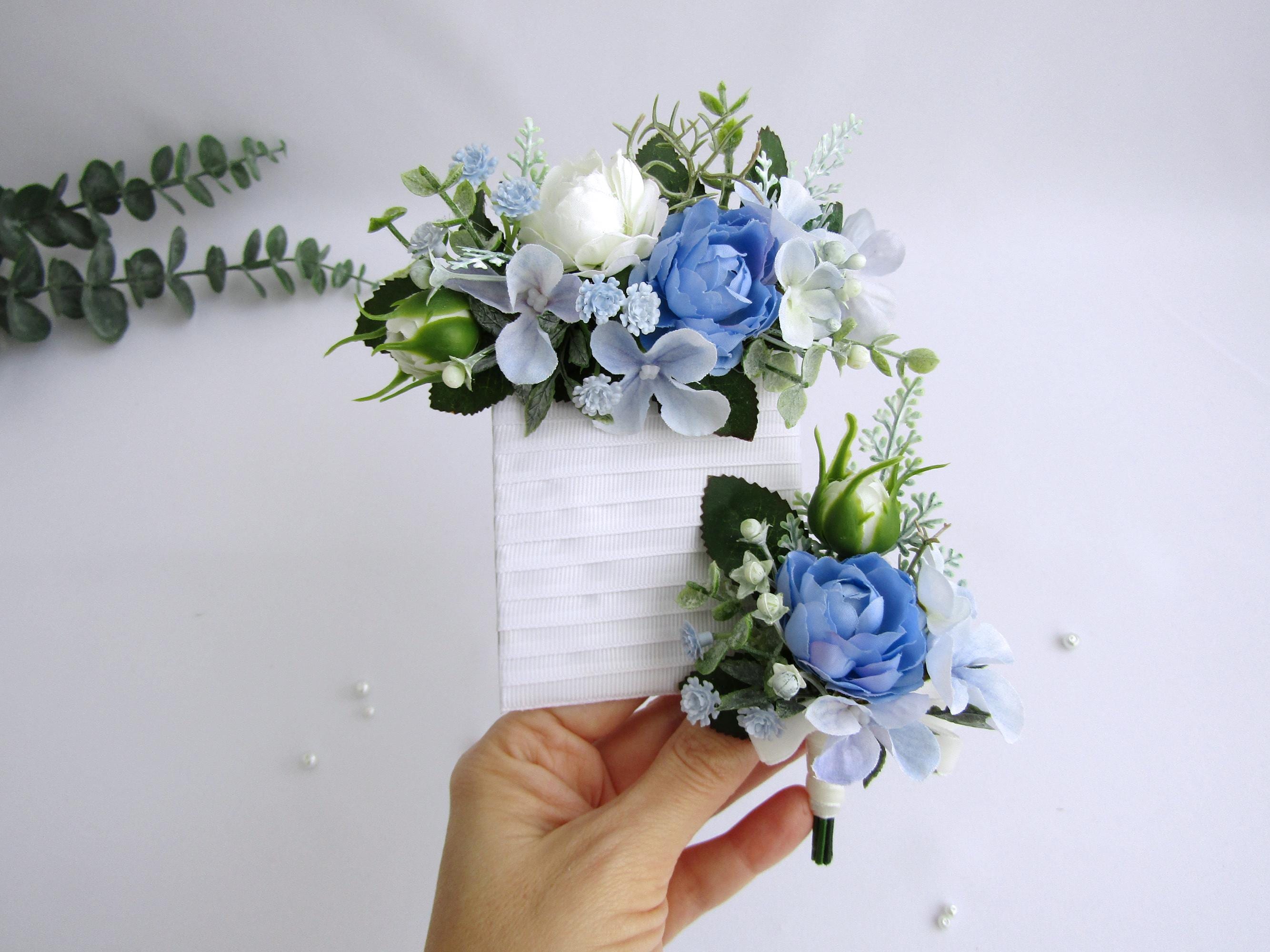 Blue and White Pocket Boutonniere, Dusty Light Blue Flower Boutonnieres ...