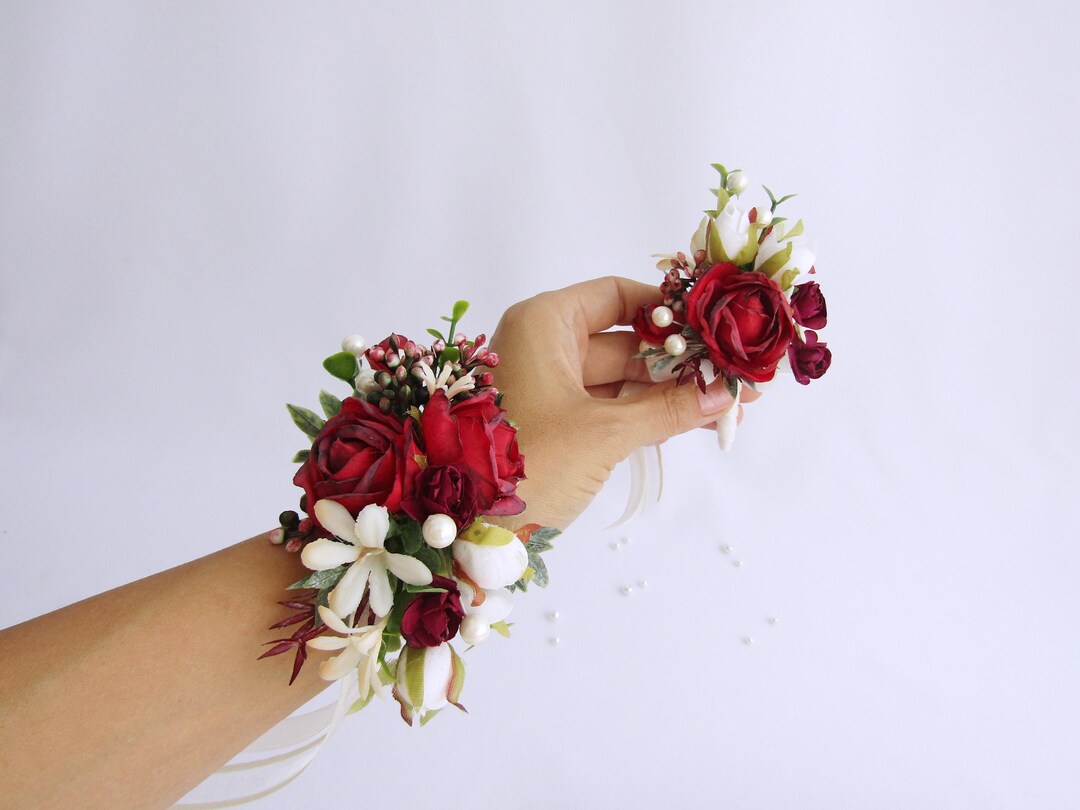 Red Boutonniere and Corsage Set, Prom Corsage Red Rose, Bridal Flower ...